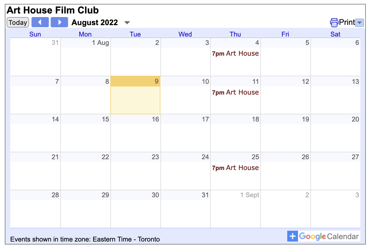 Event Calendar - Art House Film Club